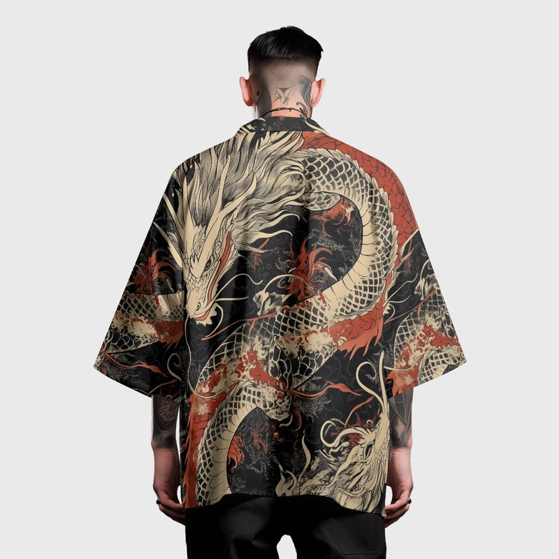 Summer Samurai Dragon Print Kimono Men Stylish Haori Streetwear Kimono ...
