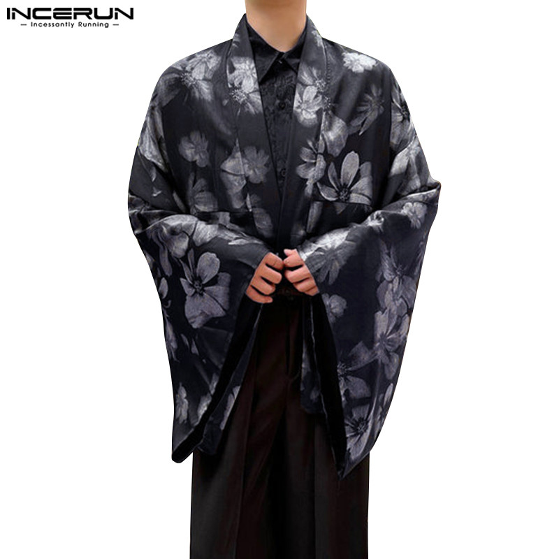 INCERUN Men Korean Casual Floral Large Sleeve Hem Loose Design Cardigan ...