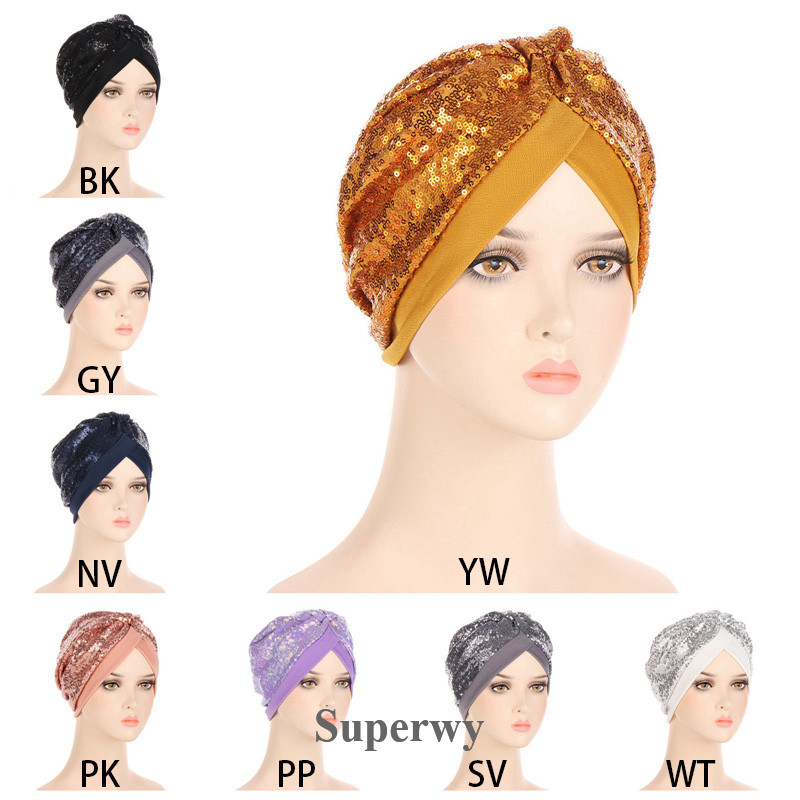 WY Women Muslim Turban Caps Shimmer Glitter Indian Hats Muslim Inner ...
