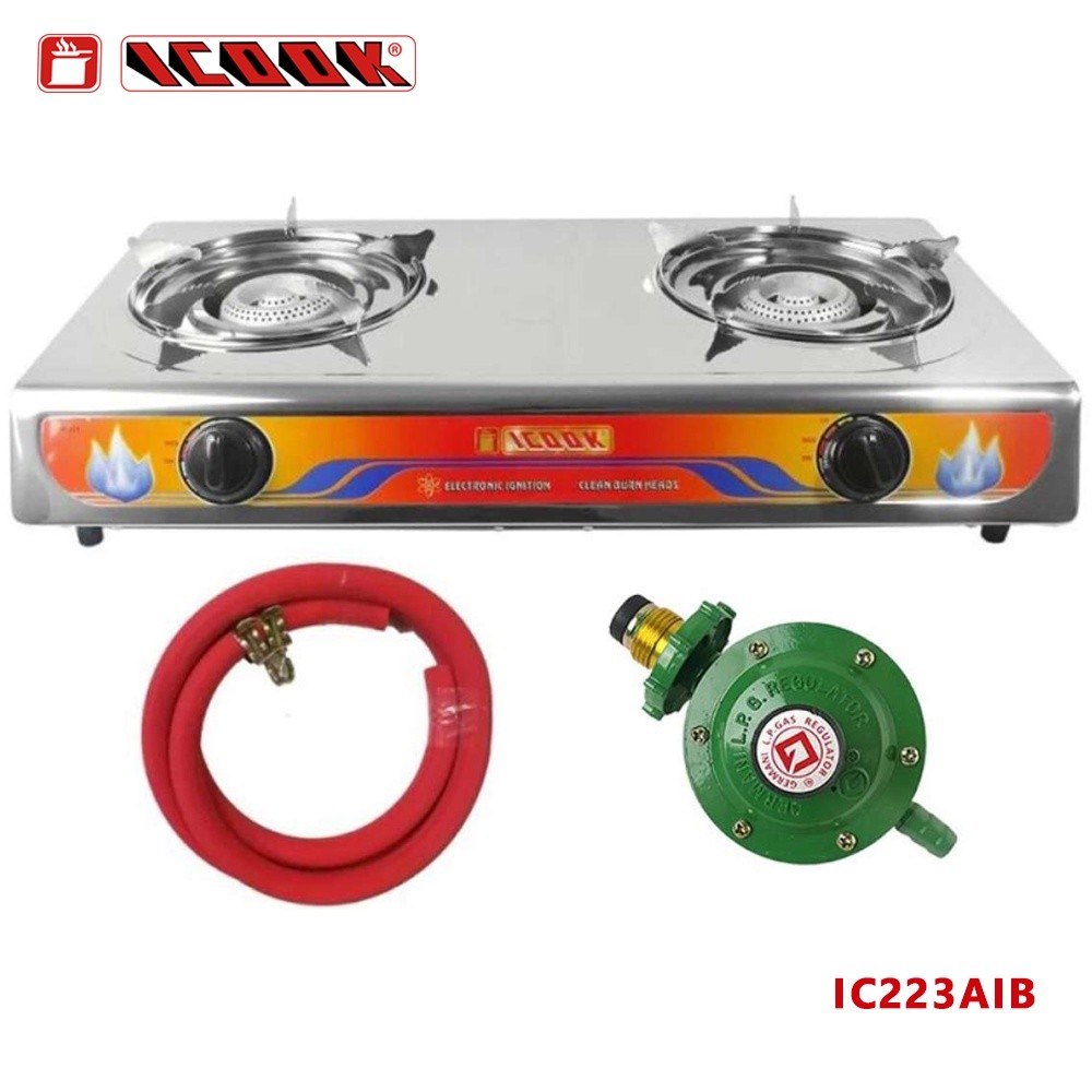 iCook Double Burner Gas Stove with LPG Gas Hose and LPG Gas Regulator ...