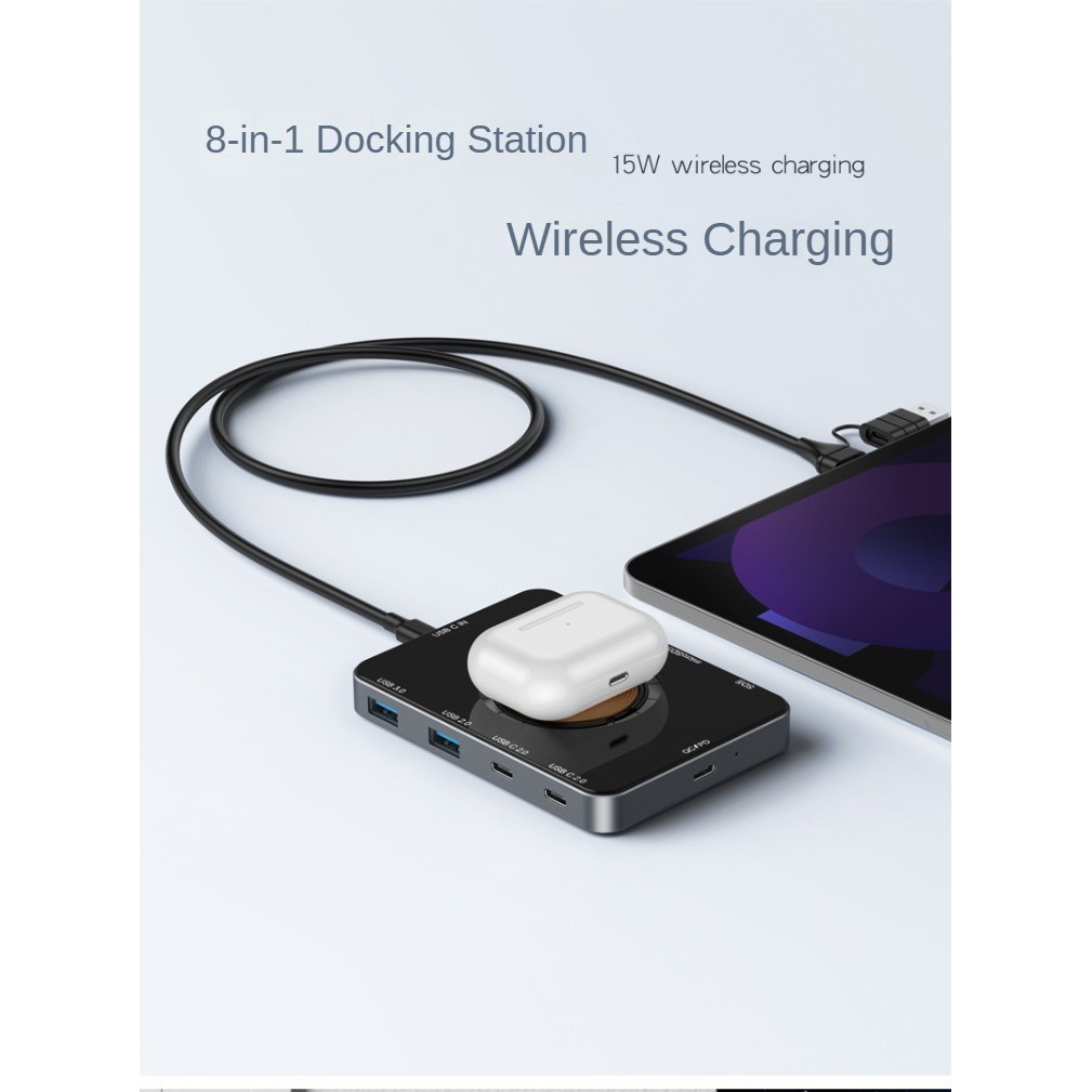 8-in-1 USB C Hub Docking Station 15W Wireless Fast Charging TF/SD Card ...