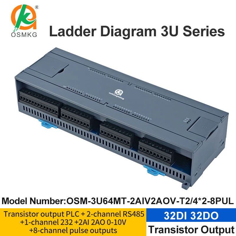 Oshangming 32 input 32 transistor output PLC analog input output 8 pulse RS485 RS232 ladder ...