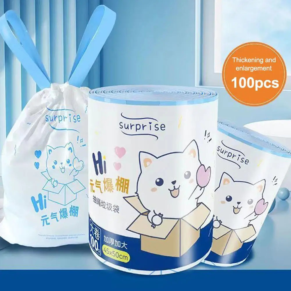 100pcs Roll Drawstring Garbage Bag Thickened Household Kitchen Portable ...