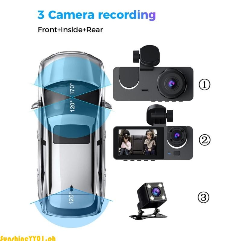 SUN 3 Channel Car DVR FHD 1080P 3-Lens Inside Vehicle DashCam Three Way ...