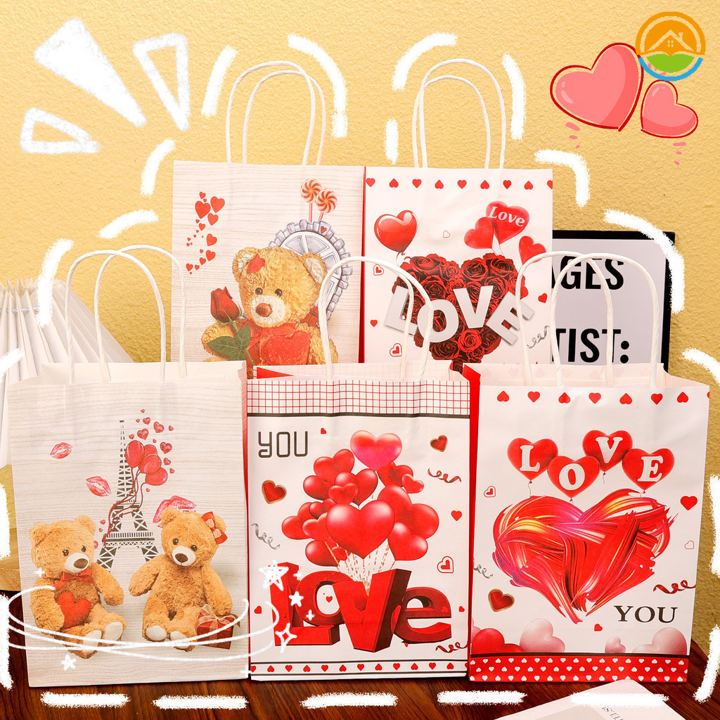 Cute Teddy Bear Love Heart Pattern Paper Tote Bags - Valentine's Day ...