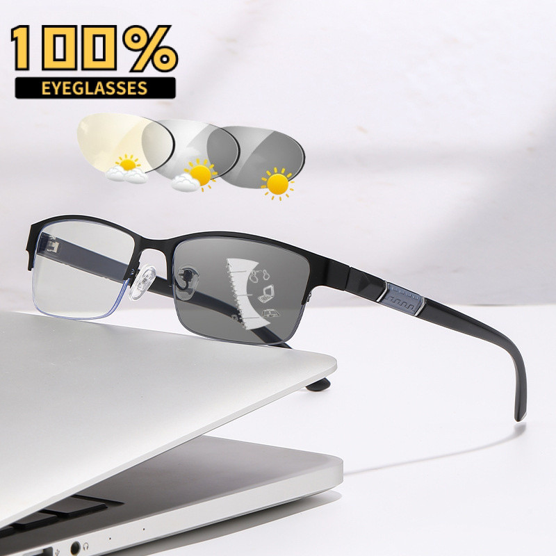Multifocal Anti Rad Photochromic Reading Glasses Men Half Rim Smart ...
