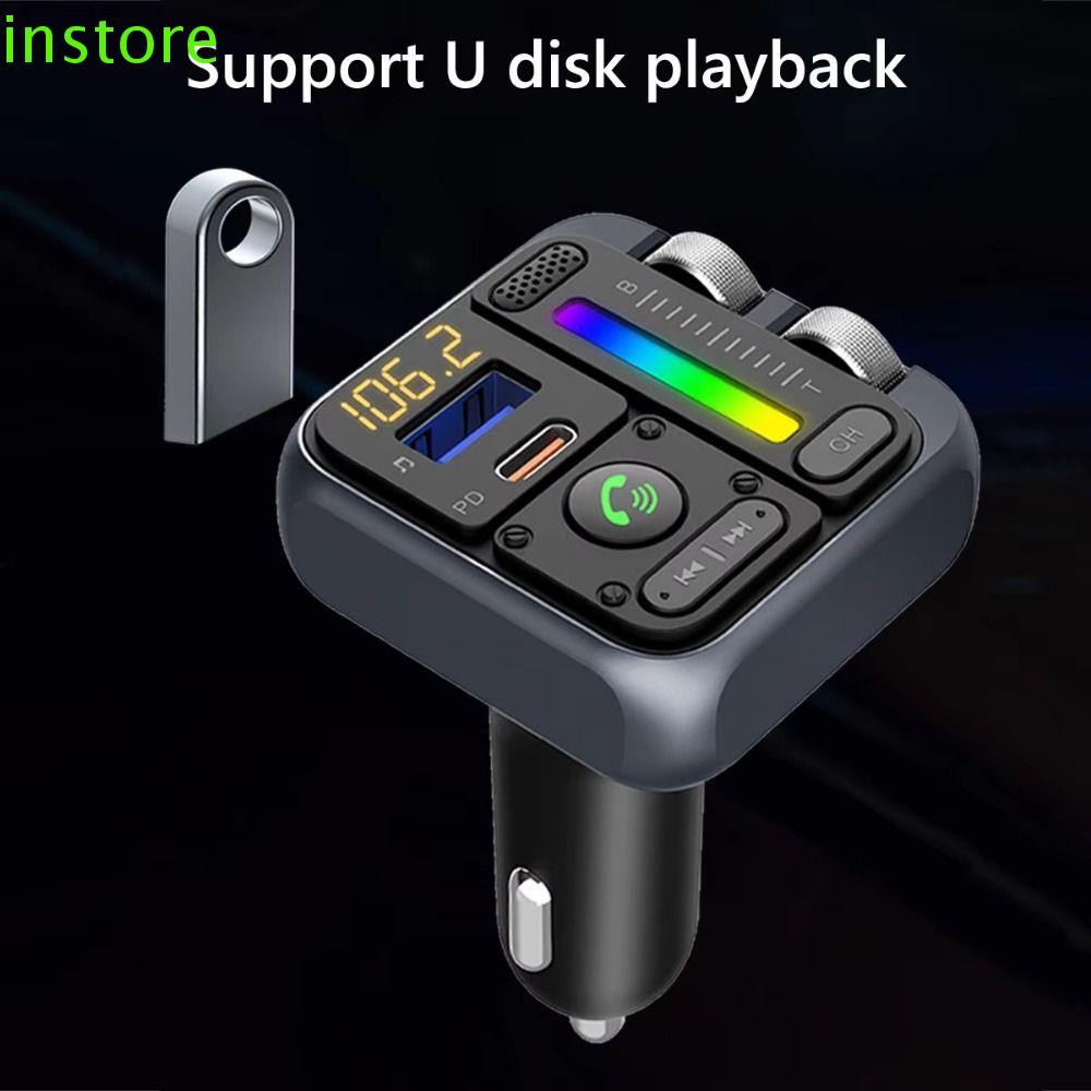 INSTORE Bluetooth 5.3 FM Transmitter, 5V/2.4A Colorful Atmosphere Light Car MP3 Music Player ...