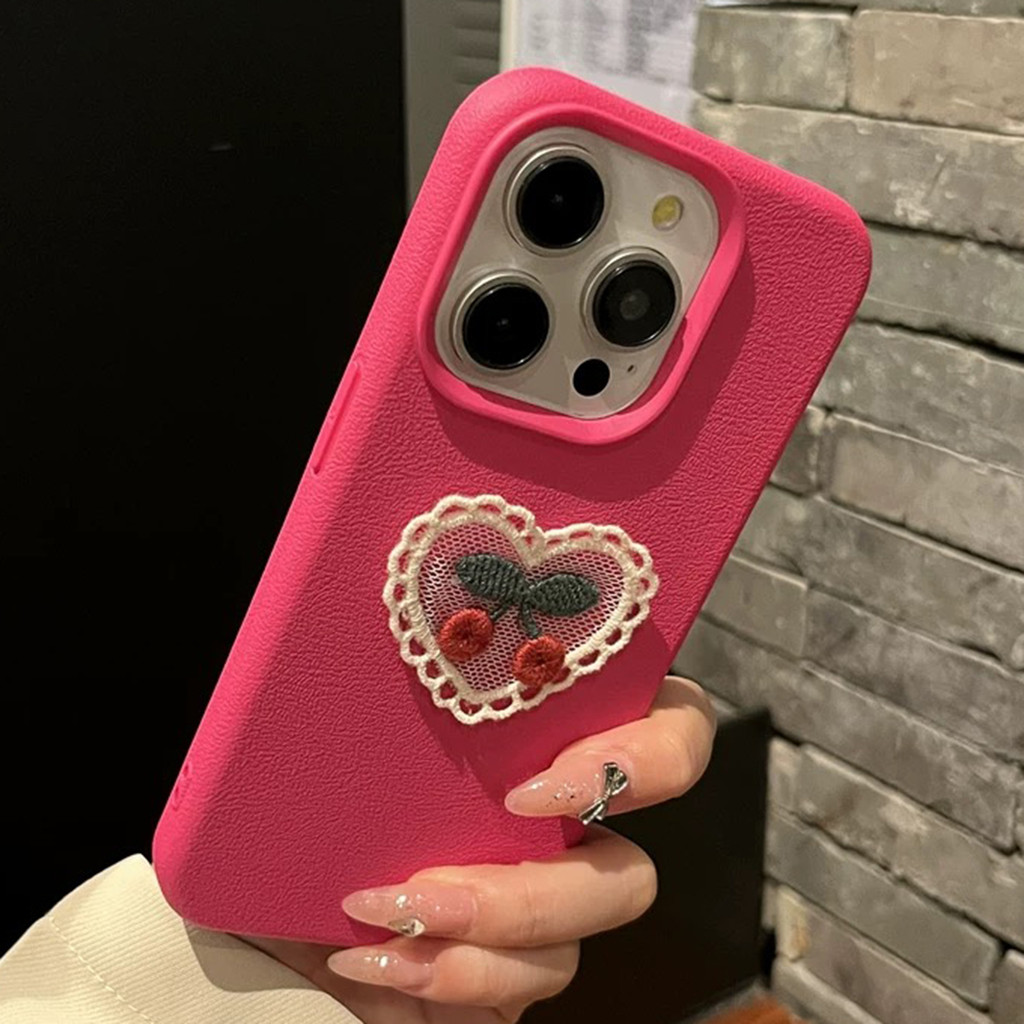 Rose red embroidered handmade cherry Phone Case For iPhone 16 Pro Max ...