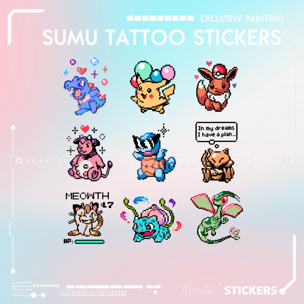 12 Sheets Pokémon & Digimon Tattoo Stickers Realistic Waterproof Body ...
