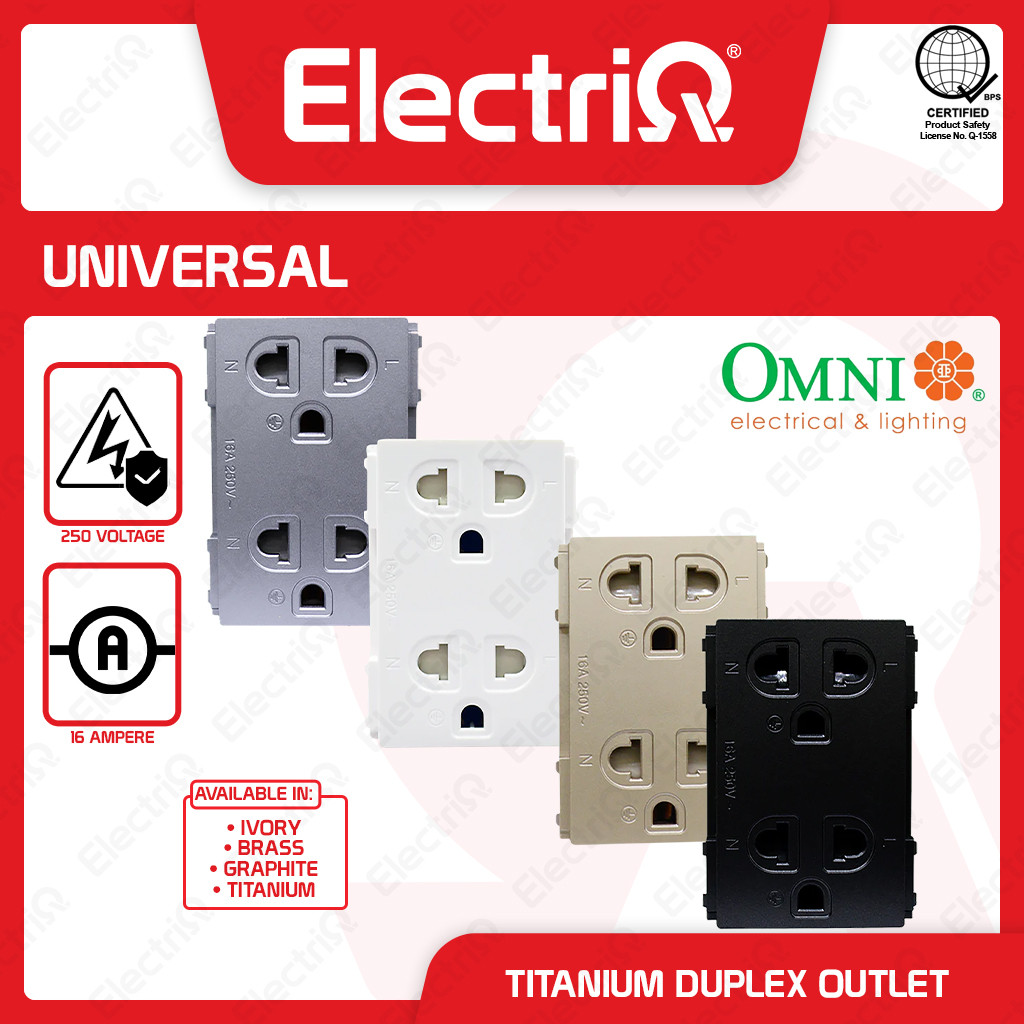 Electriq | Omni Titanium Duplex Universal Outlet with Ground & Shutter ...