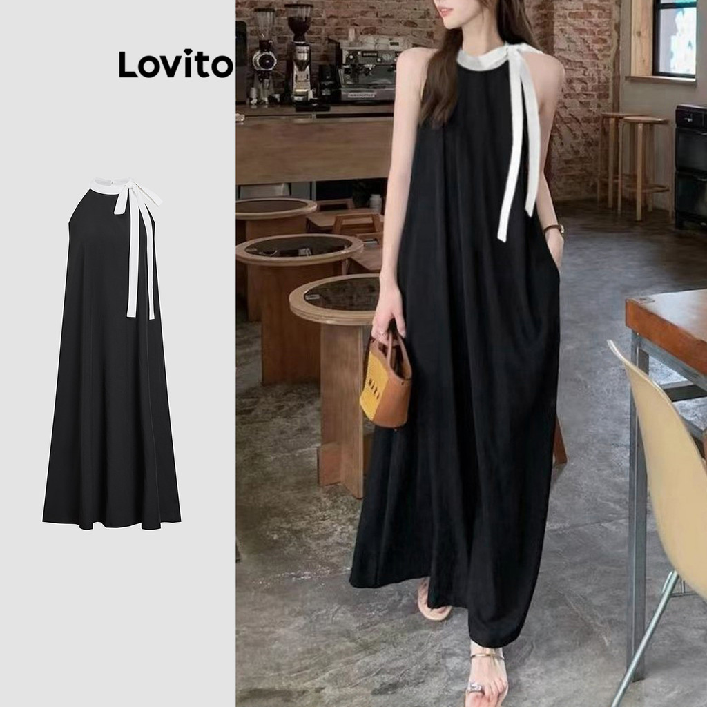 Lovito Women Elegant Plain Tie Front Colorblock Dress L112ED489 ...