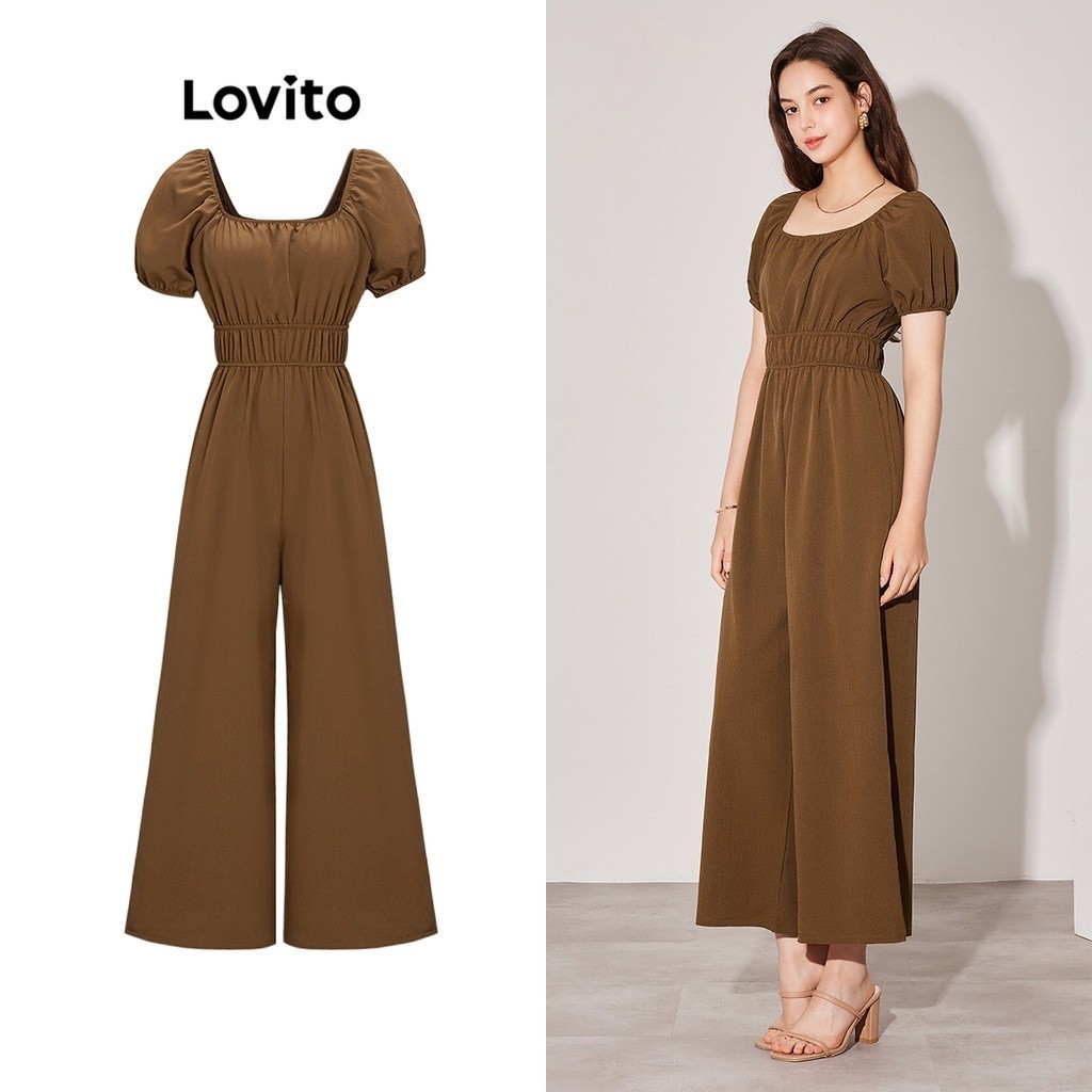 Lovito Women Pintucks Structure Line Puff Sleeve Elastic Waisted ...