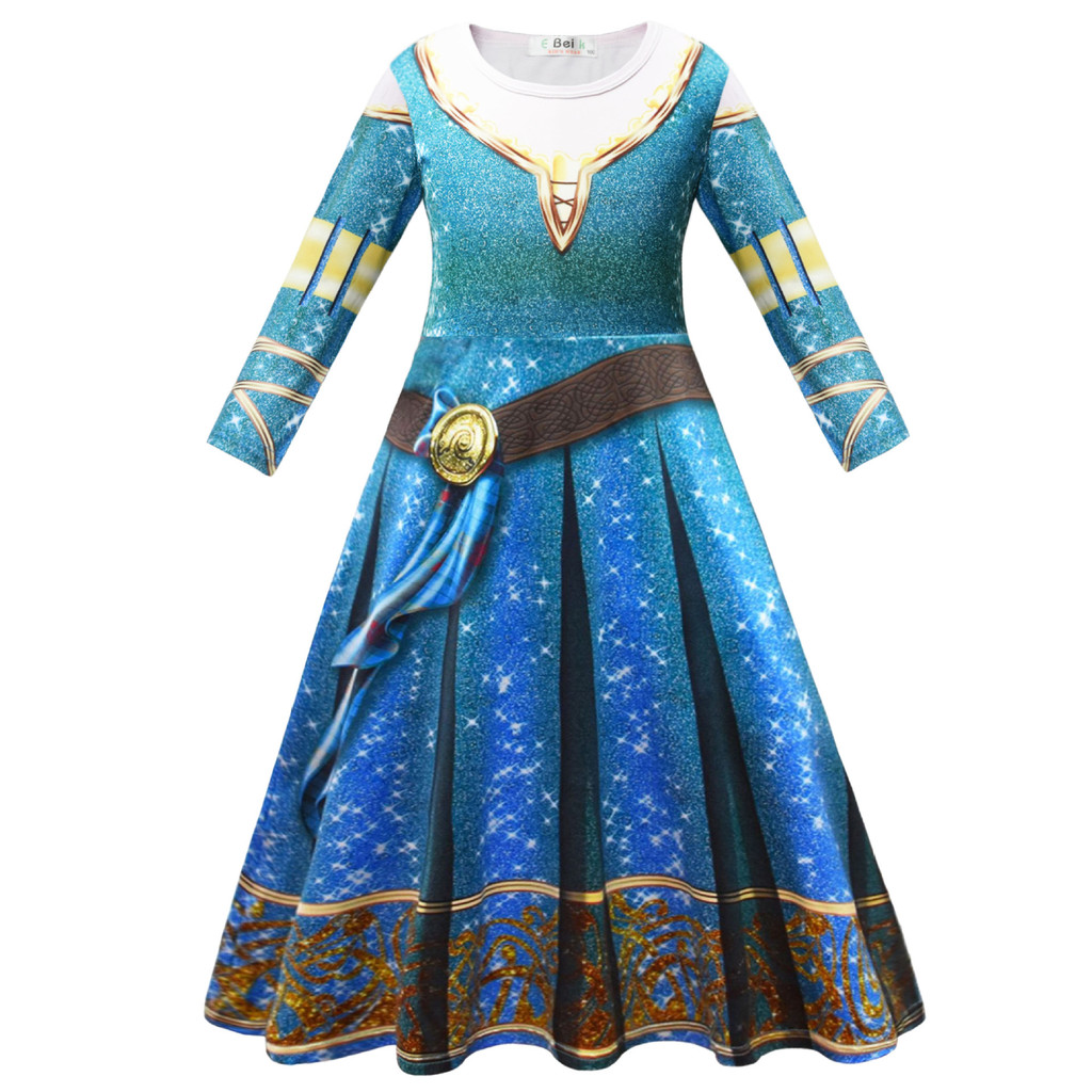 Kids Girls Anime Cartoon Brave Merida Princess Long Sleeves Dress ...