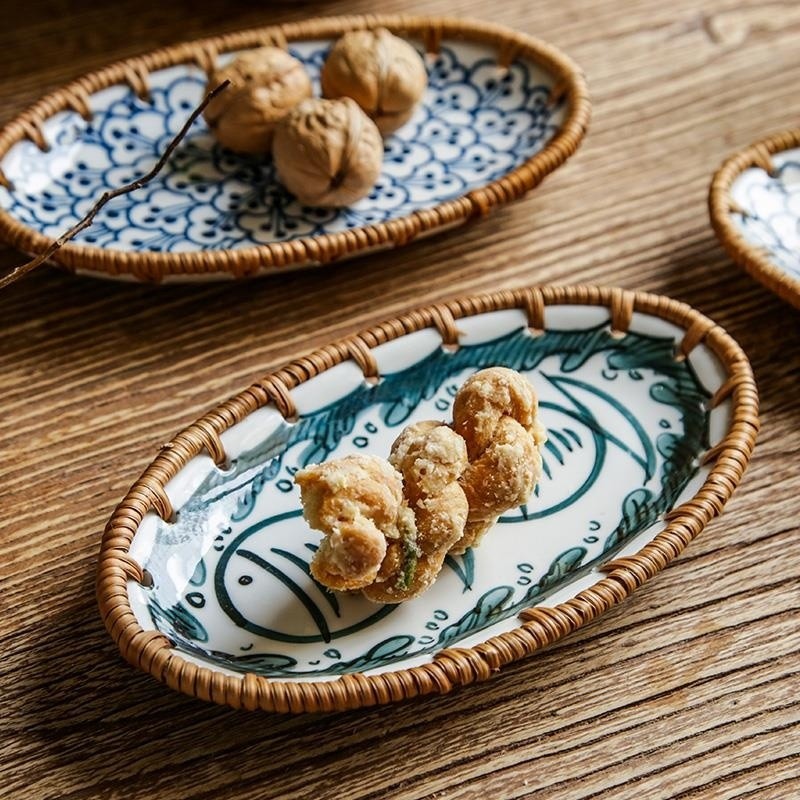 Japanese-Style Rattan Fruit Tray Tea Room Ceramic Dim Sum Plate Home ...