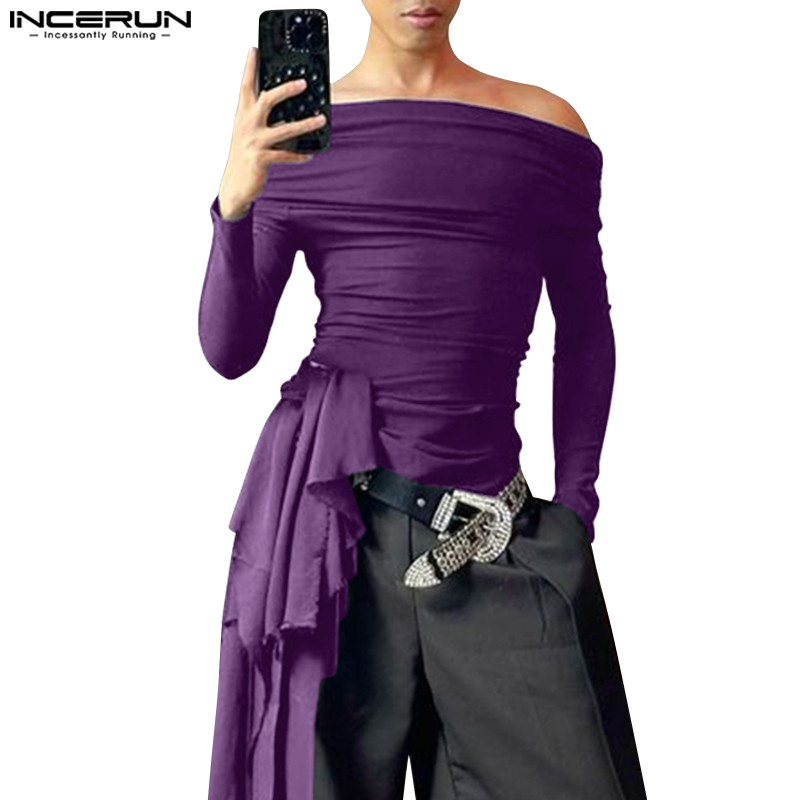INCERUN Men Vintage One Shoulder Pleated Irregular Hem Long Sleeve T ...