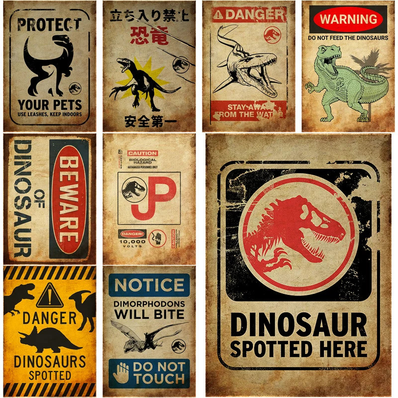 Dinosaurs Found Here Poster Dinosaur Hazard Warning Sign Print Vintage ...