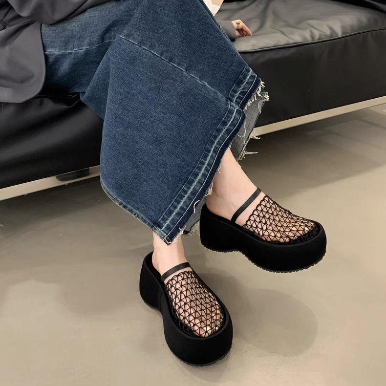 Small Heightened Braided Toe-Covered Slippers Women Hollow Thick-Soled ...