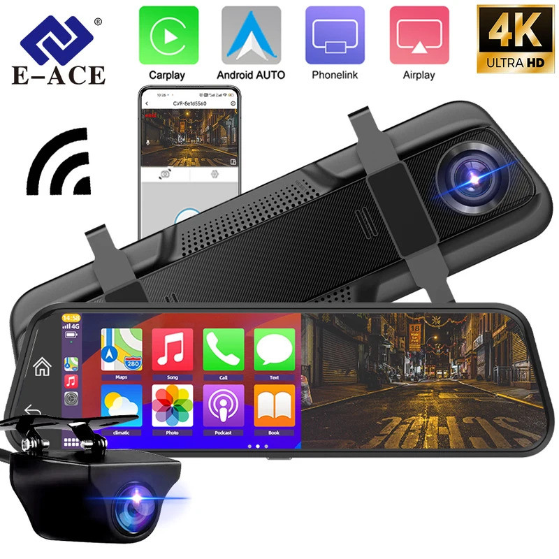 Dash Cam 4K Car Dvr Mirror Wireless Carplay & Android Auto Video ...