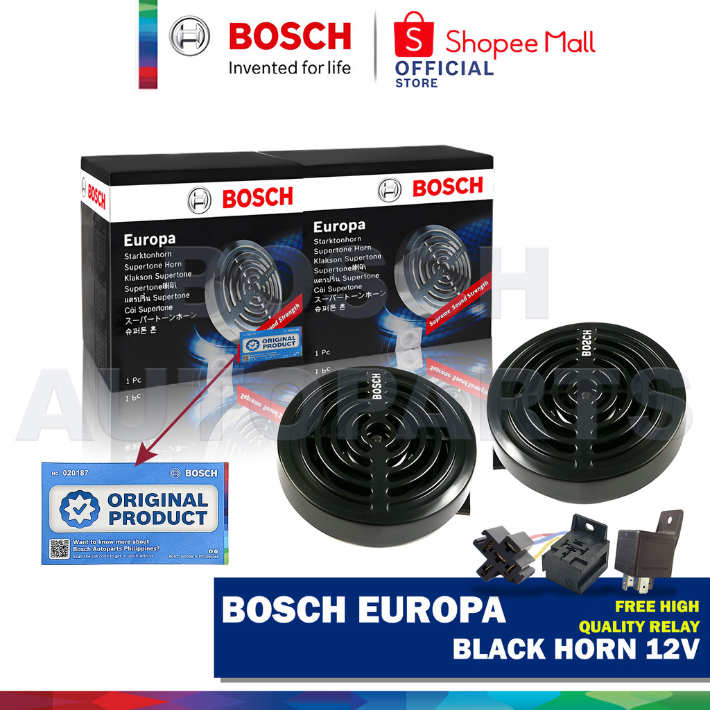 Bosch Horn Europa Black 12v W/ Original Bosch Relay and Bosch Relay Bracket plus FREE Socket ...