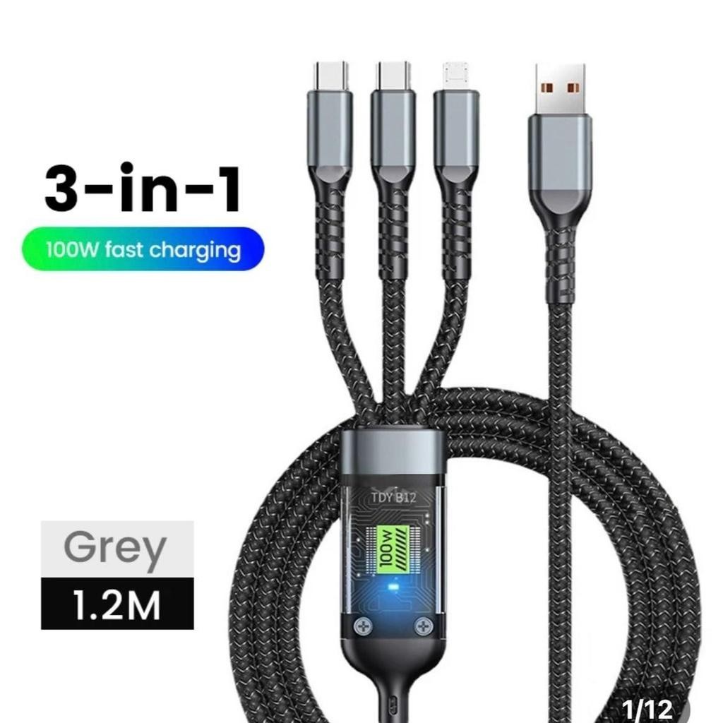 100W 3 in 1 Super Charging Cable 6AMicro USB Type C Fast Charger Type-C ...