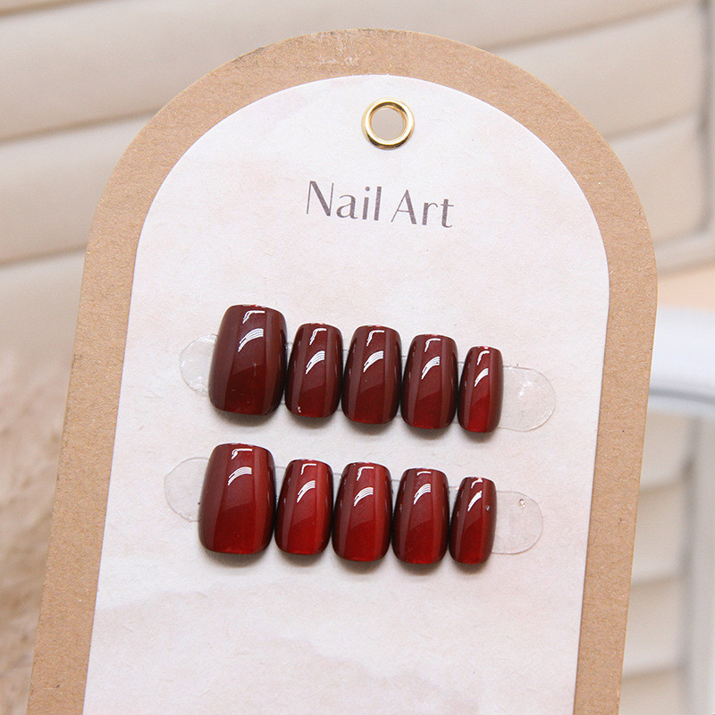 Wine Red Solid Color Simple Press on Nails Fake Nails Set Short Nail ...
