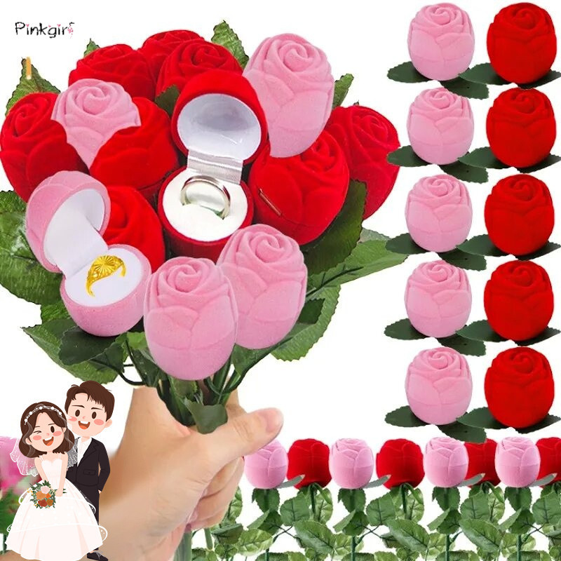 Romantic Sweet Red Rose Ring Box Lovely Flocking Display Holder with ...