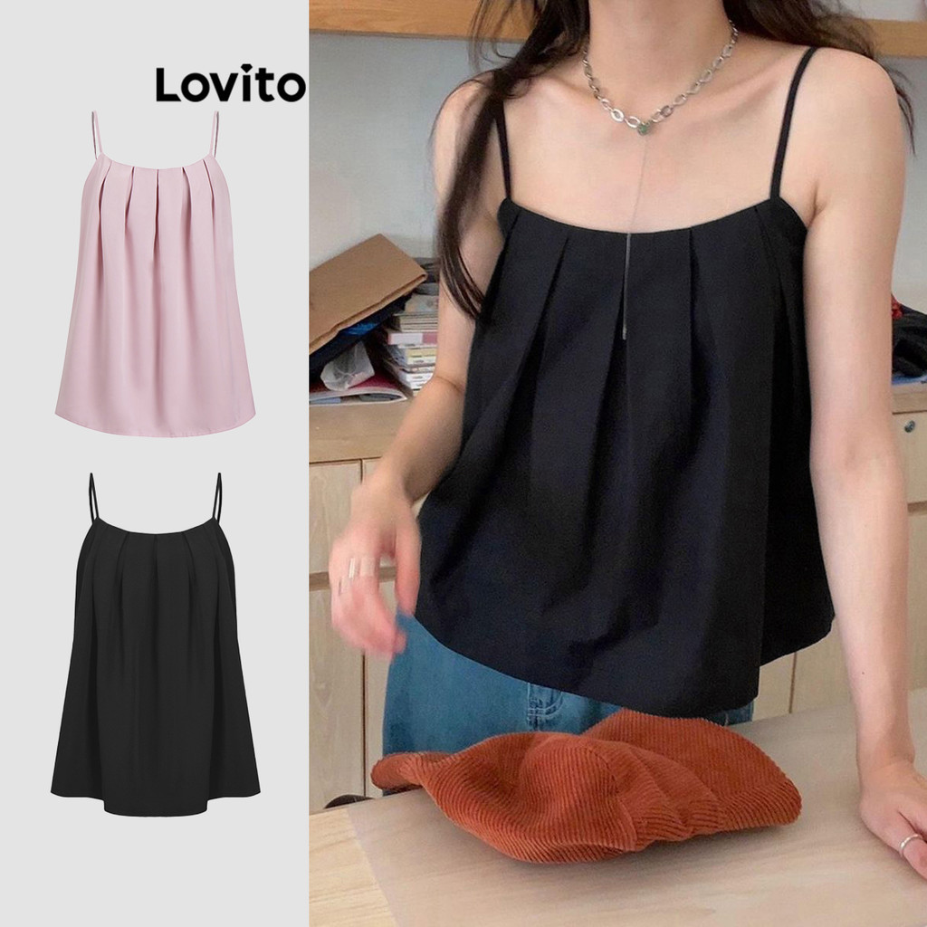 Lovito Women Elegant Plain Pleated Tank Top L89ED142(Multi-color ...