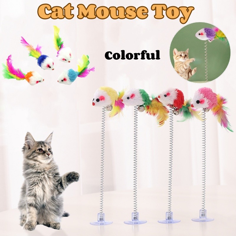 Pet Cat Toy Colored Feather False Mouse Spring Toy Bottom Sucker Random ...