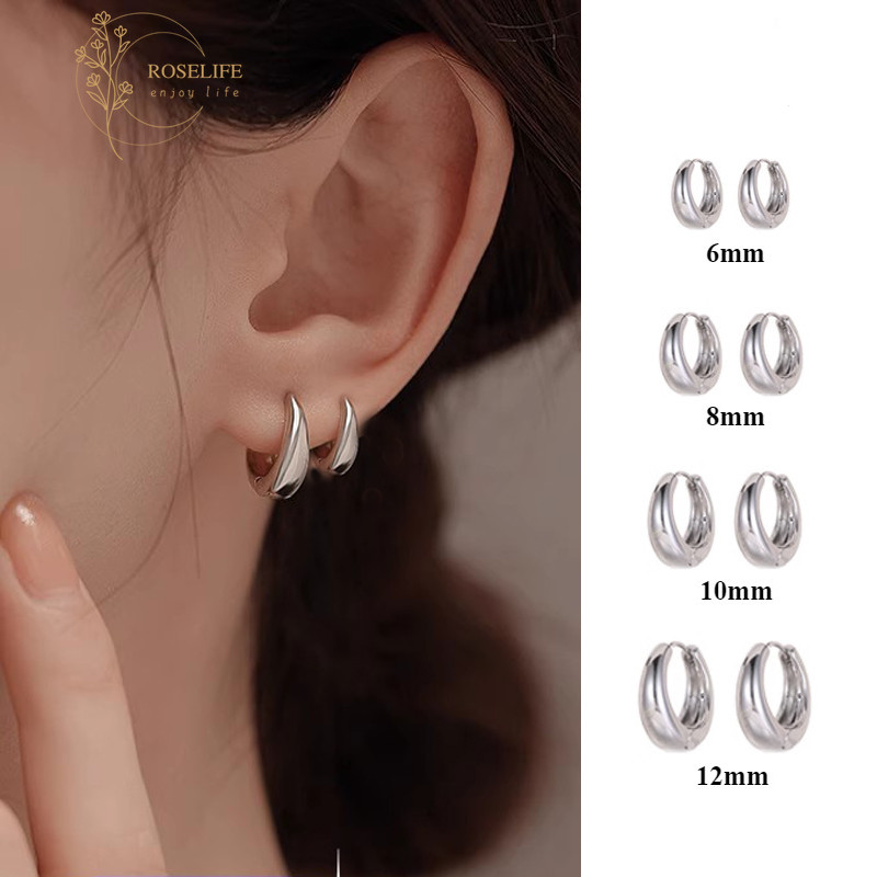 Roselife 1 Pair S925 Silver Glossy Chunky Hoop Earrings for Women ...