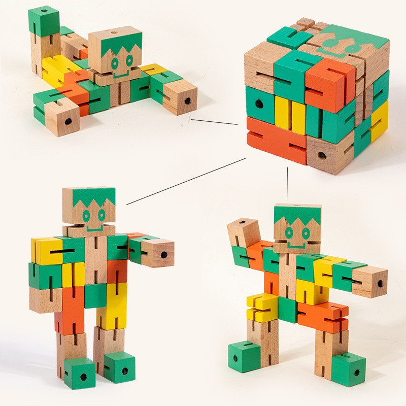 Children Wooden Variety Rubik's Cube Robot Wooden Doll Deformable ...