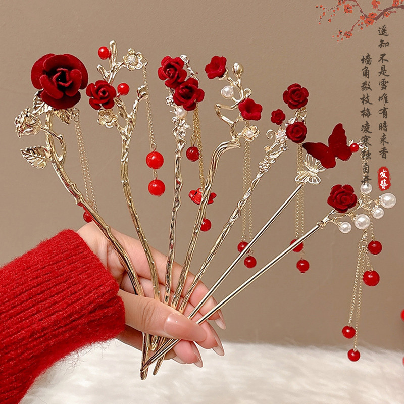 New Chinese Style Red Rose U-shaped Hairpin Bridal Ball Hairpin ...
