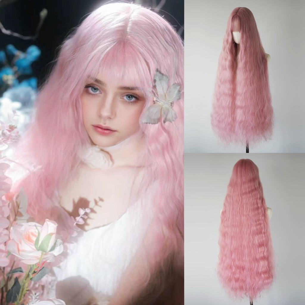 100cm Pink Straight Bangs Long Curly Hair One Meter Lengthened Version Lolita Cos Full Head Wig ...