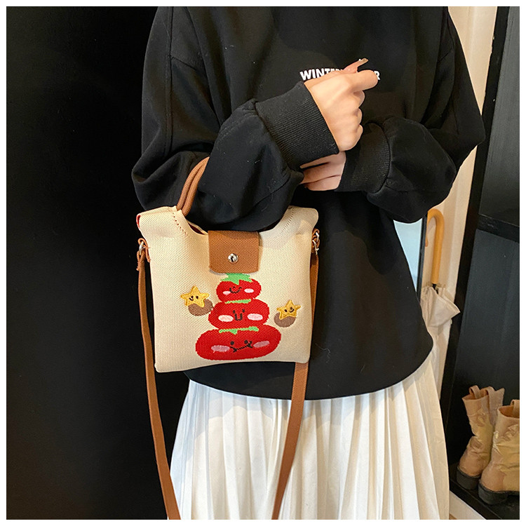 Niche Design Contrast Color Hand-Carrying Small Bag Cute Knitted Bucket ...
