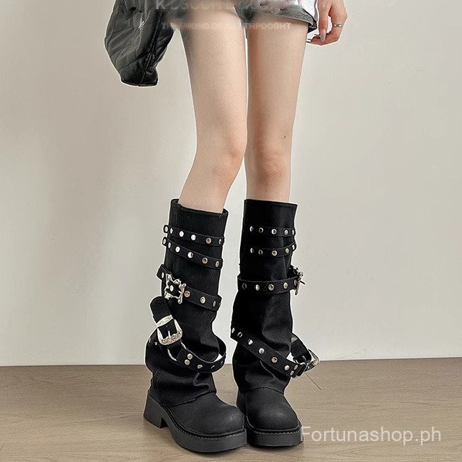Women's Punk Rivet Black Pantyhose Boots2024Autumn Thin Thick Bottom ...