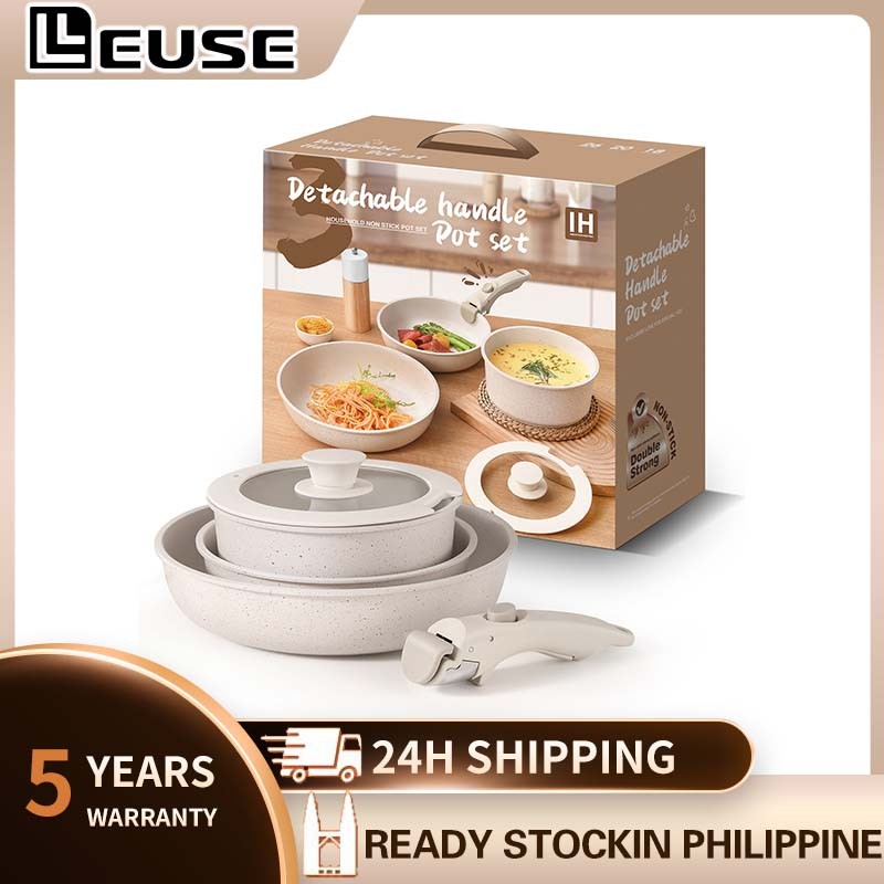 【LEUSE】5-piece non-stick cookware set - removable handle, lightweight ...