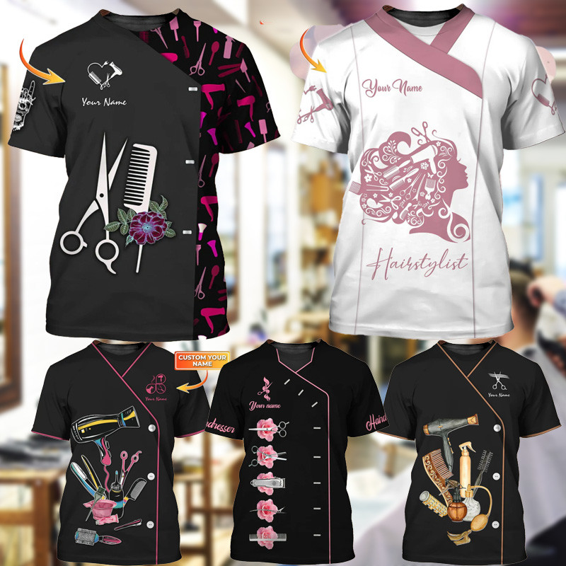 Custom Name Barber Woman TShirt Personalised Hairdresser Uniform Hair ...