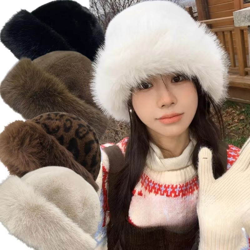 Women Mongolian Fur Hat - INS Leopard Print Fluffy Plush Hat - Autumn Winter Thickened Panama ...