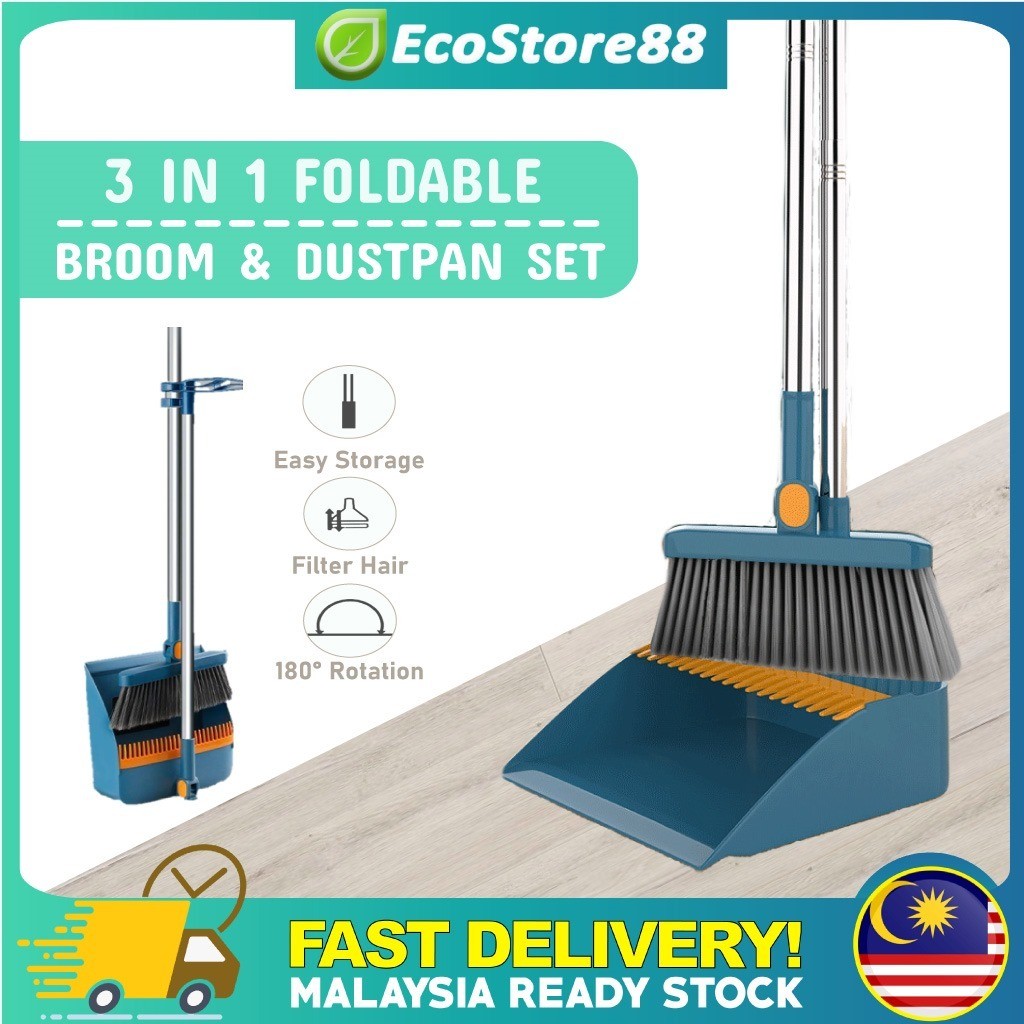 3 IN 1 Foldable Broom Dustpan Set Home Office Self-Cleaning Dustpan Teeth Sweeping Penyapu ...