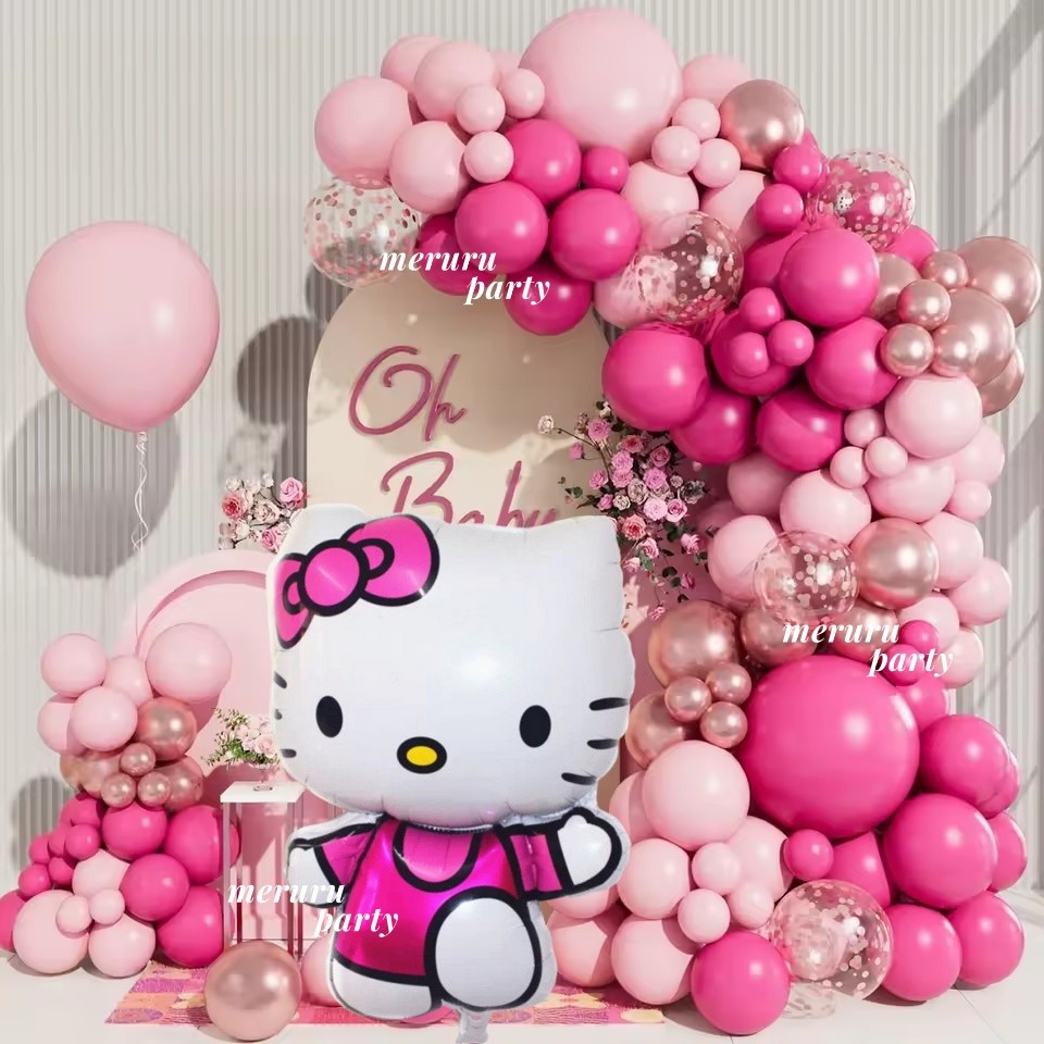 Hello Kitty Theme Balloon Garland Macaron Pink Gold Confetti Latex ...