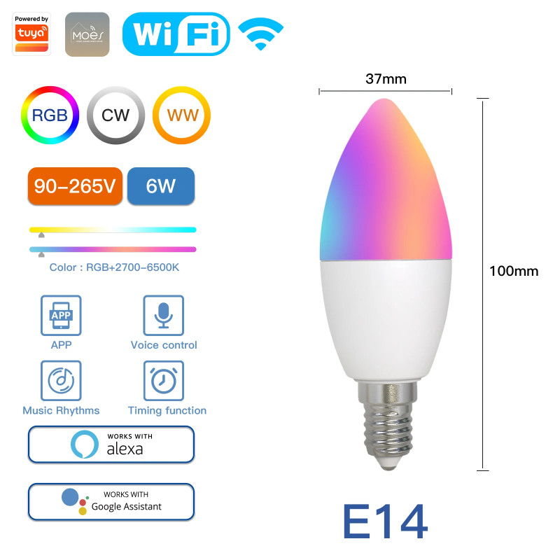 MOES WiFi Zigbee LED Light Bulb E14 Candle Lamp Smart RGB RCW 2700-6500K Dimmable Light Tuya ...
