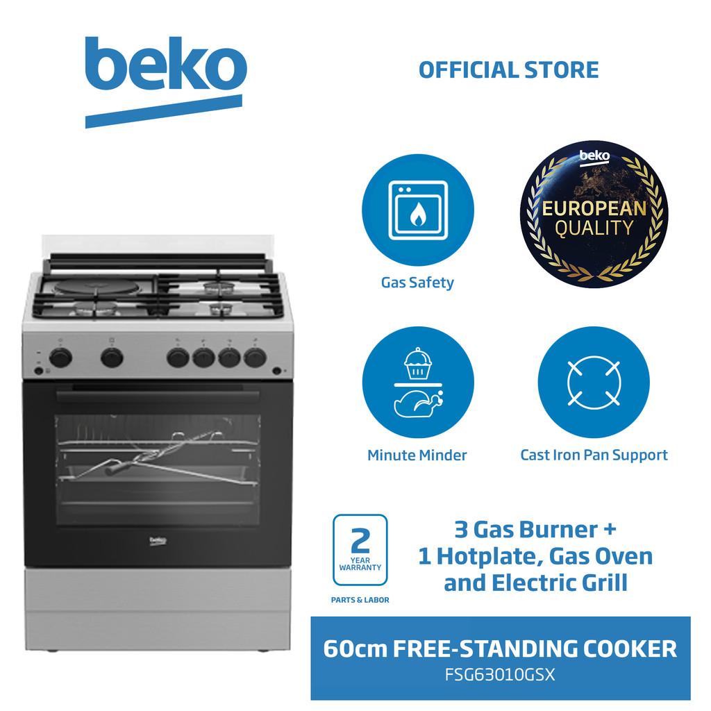 Beko Freestanding Cooker 60cm, 3 Gas Burner Hob + 1 Hotplate & 70L Gas ...