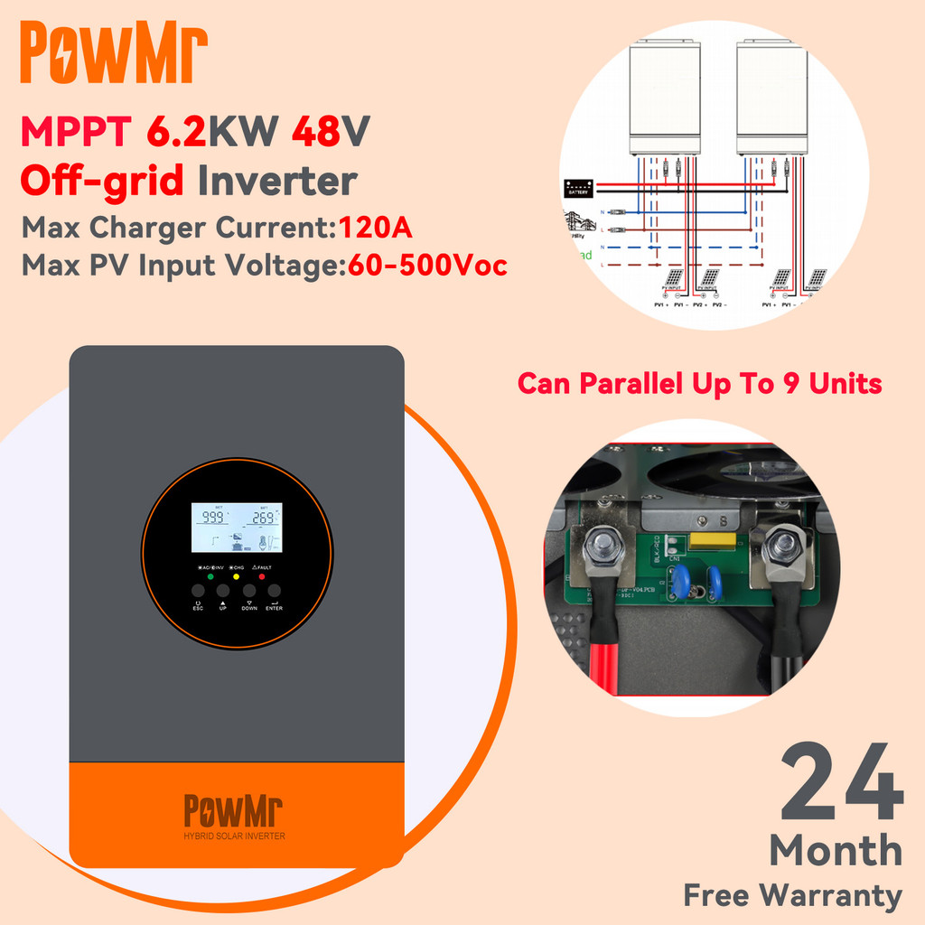 PowMr MPPT 6.2KW Off Grid Solar Hybrid Inverter 230Vac Built-in 120A MPPT Solar Charger ...