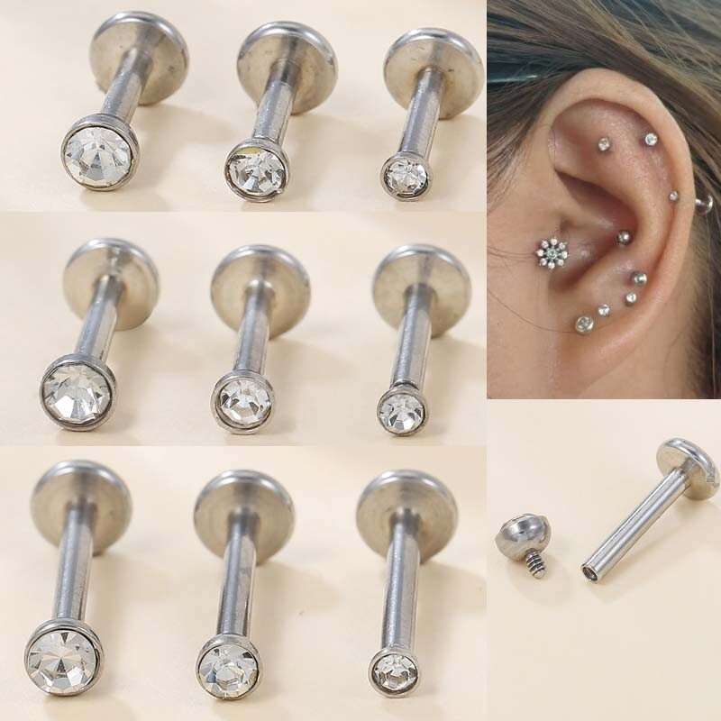 3 Piece 6mm/8mm/10mm Stainless Steel Zirconia Labret Lip Stud Ear Helix ...