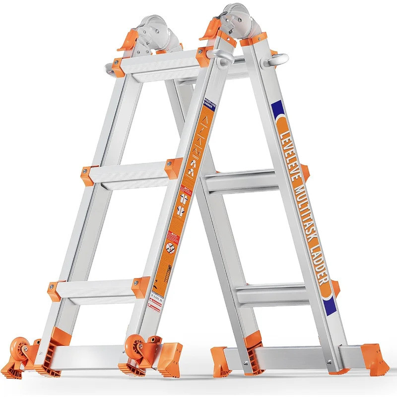 Multi Position 3 Step Ladder, 14FT Extension Ladder with Stabilizer Bar ...