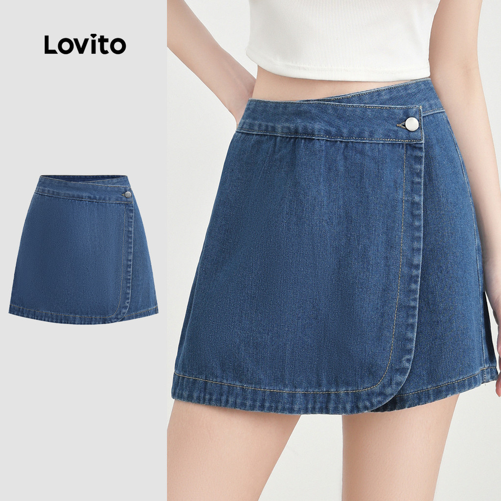 Lovito Women Elegant Plain Fake 2 In 1 Denim Short L132ED634 | Shopee ...