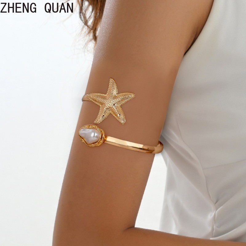 Fashion Starfish Baroque-Style Arm Cuff Irregular Simulated Pearl Bangle Adjustable Bracelet ...