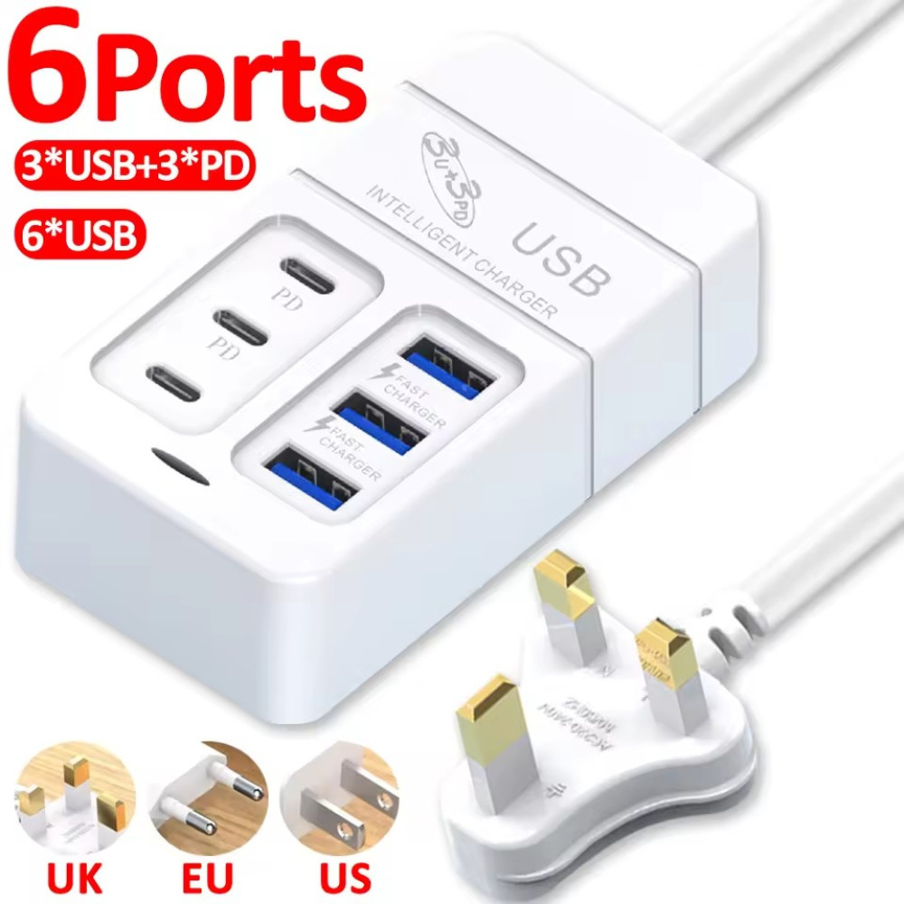EU/US/UK Plug 35W 6 Ports Quick Charging USB Type C Wall Chargers ...