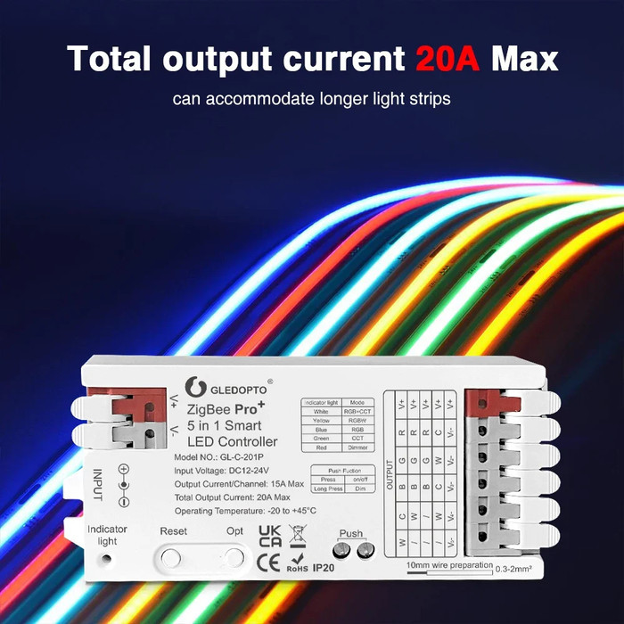 Gleopto GL-C-201P Max 20A 5 IN 1 Smart LED Strip Controller ZigBee 3.0 Pro+DC 12-24V Single ...