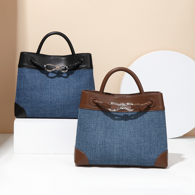 Canvas Patchwork Tote Bag Simple Denim Color Block Handheld Crossbody ...