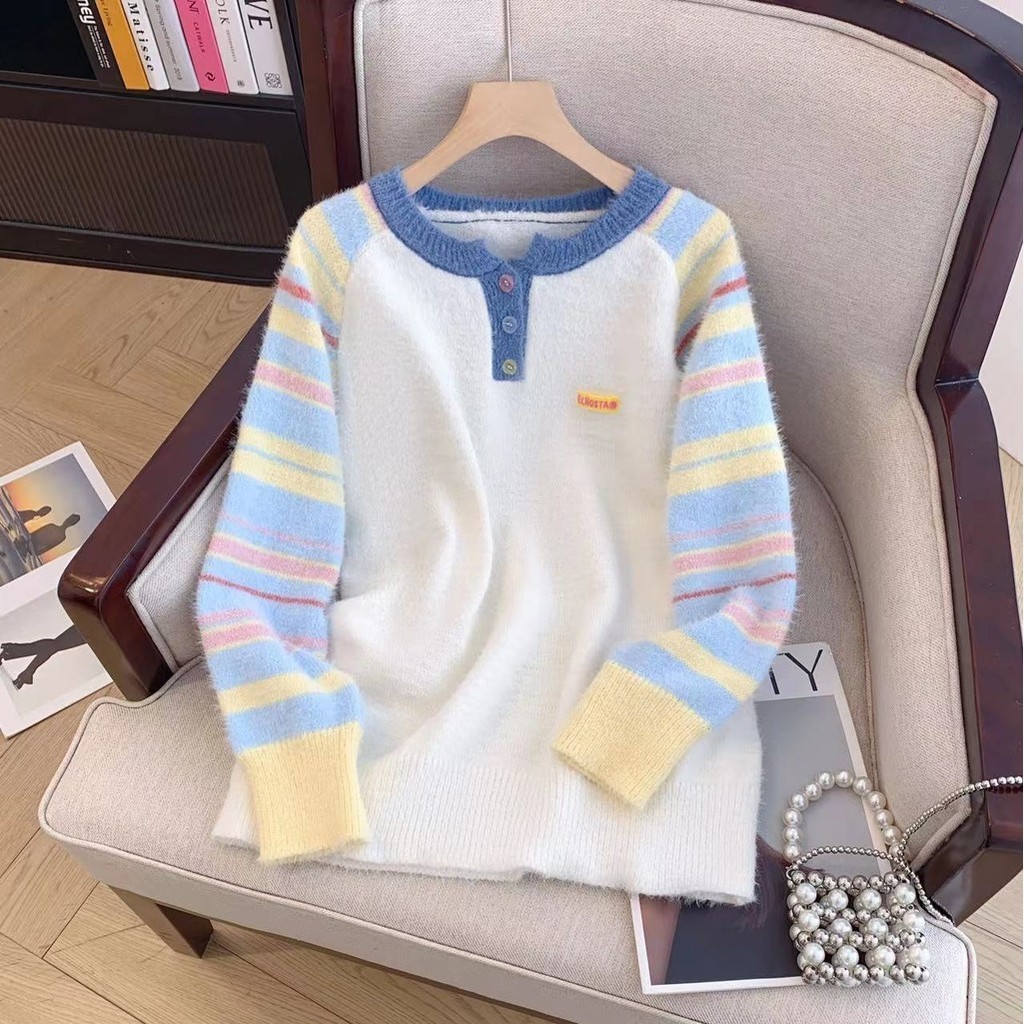 Sweet Colorful Striped Knitted Sweater for Women New Loose All-Matching ...